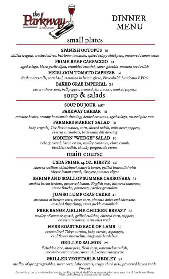 Our Menu | The Parkway Restaurant