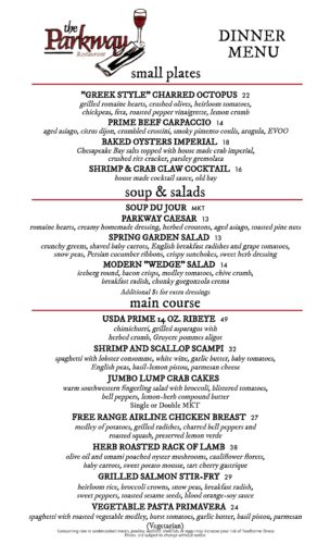 Our Menu | The Parkway Restaurant