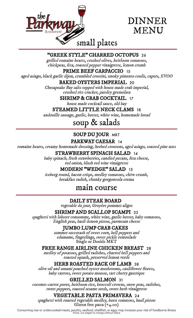 Our Menu | The Parkway Restaurant