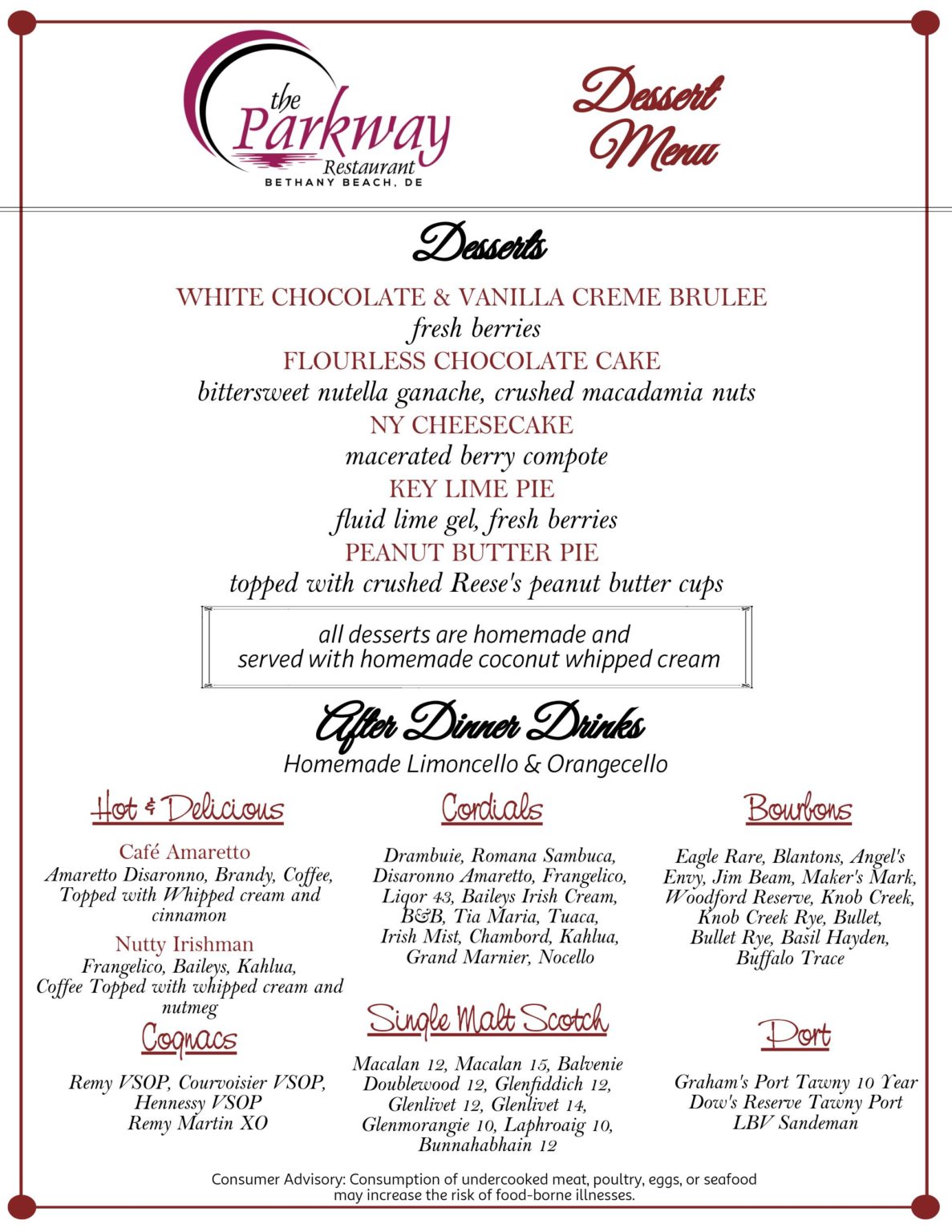 Our Menu | The Parkway Restaurant