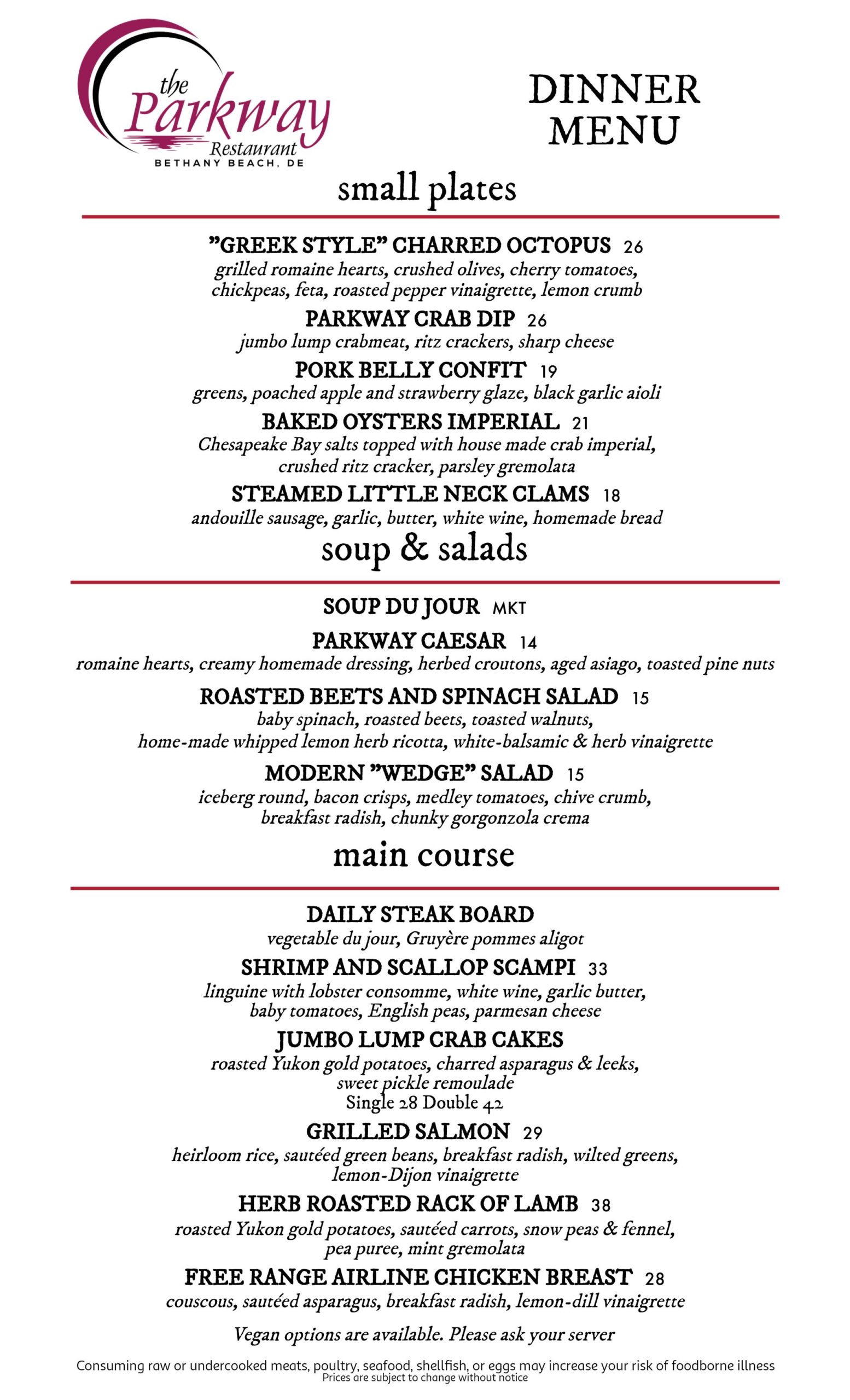 Our Menu | The Parkway Restaurant