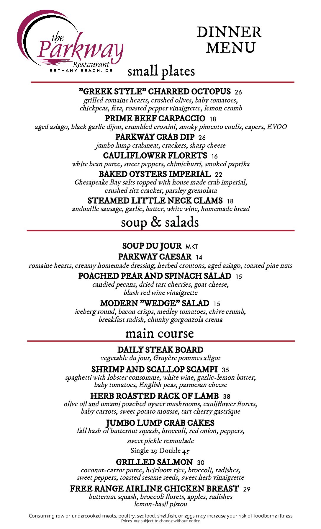 Our Menu | The Parkway Restaurant